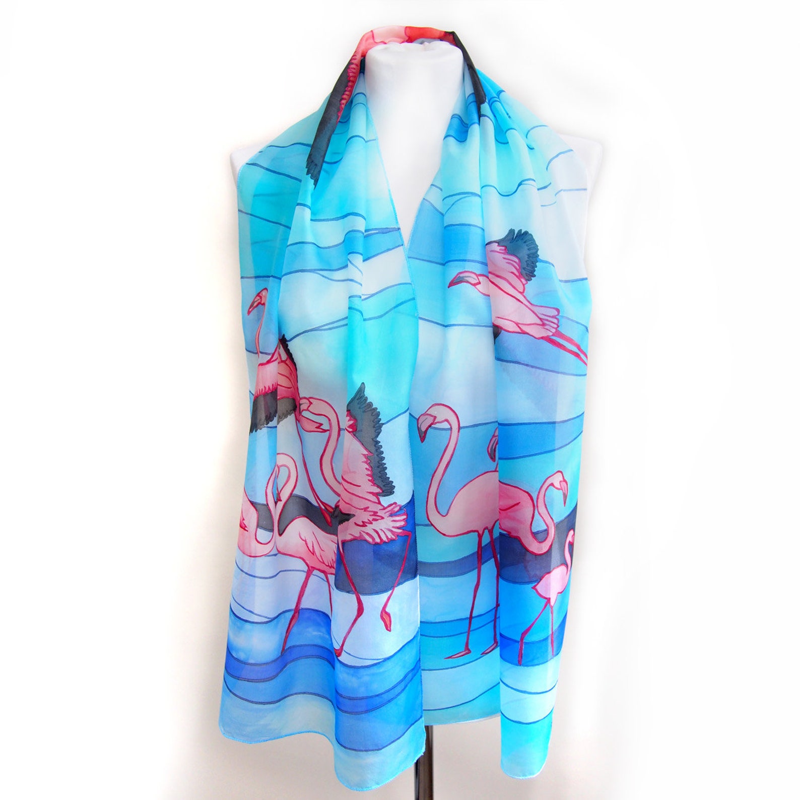 Flamingo Scarf Pink Birds Hand Painted on Pure Silk Scarves in Blue ...