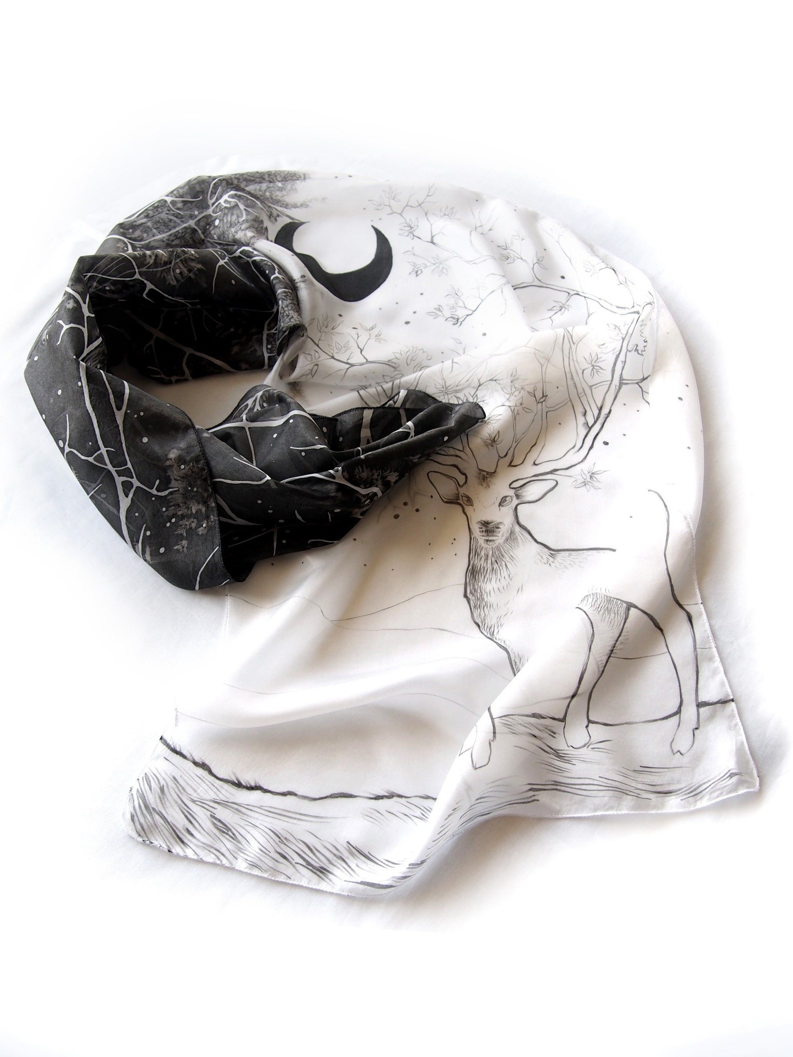 Black Moon Scarf Hand Painted on Silk With Deer Forest God - Fantasy ...