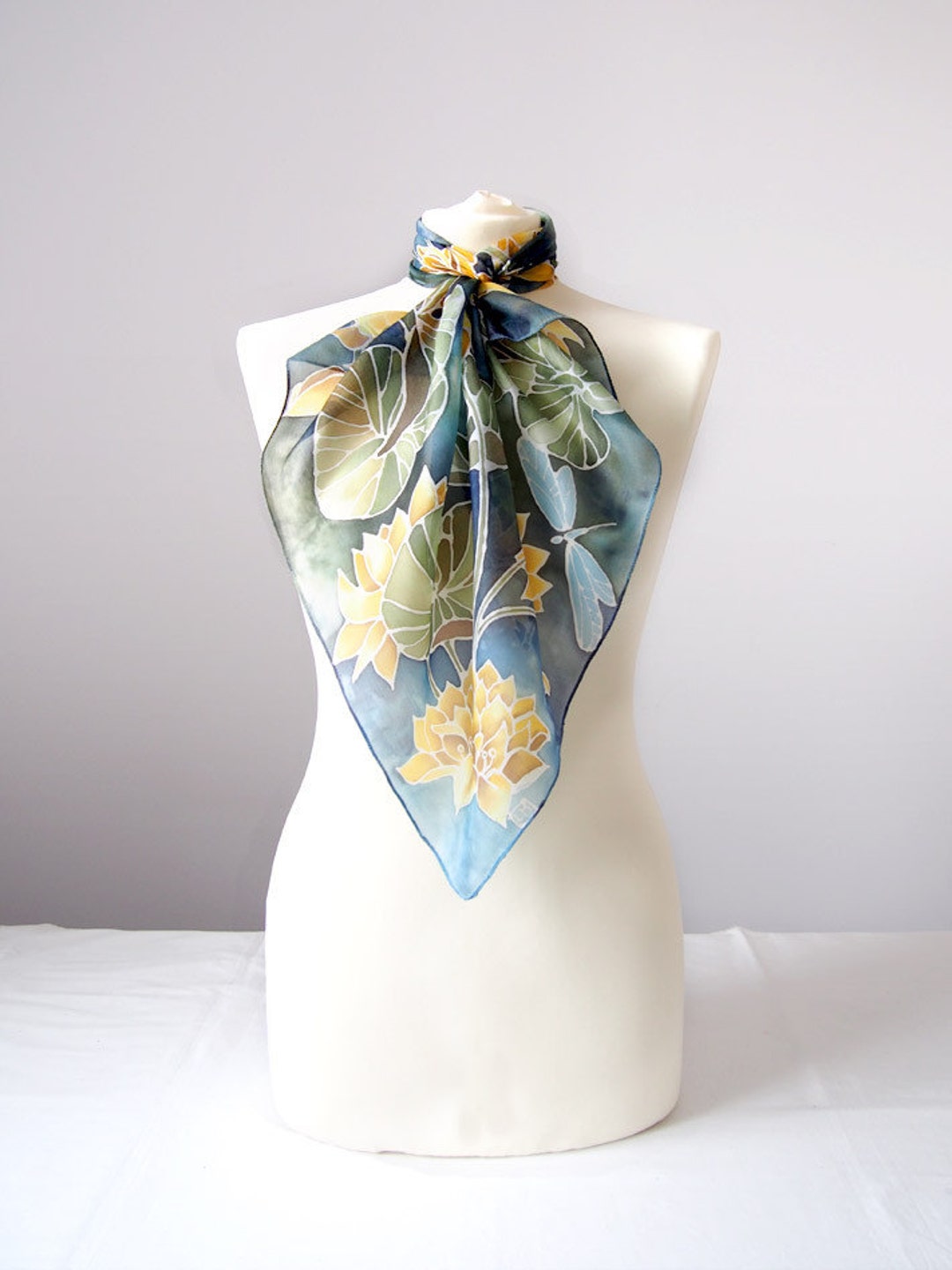 Square Scarf Lotus Flowers- Silk Scarves Handpainted - Blue Silk Scarf ...