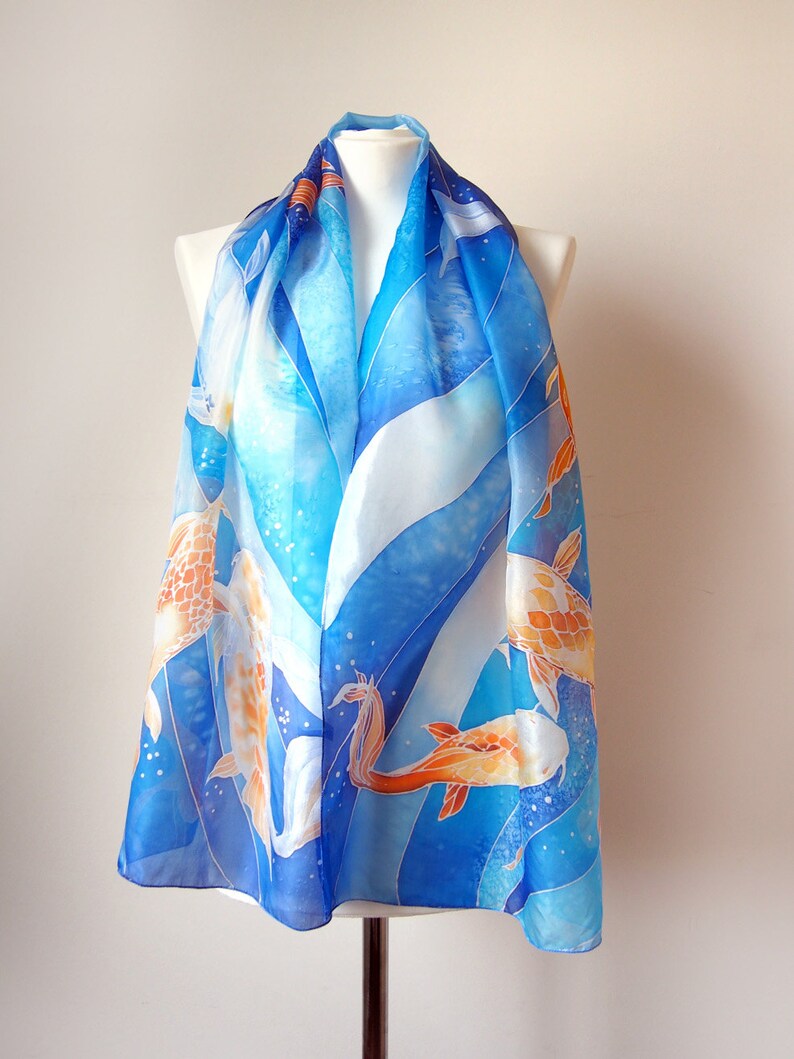 Blue Silk Scarf With Fish Hand Painted Koi Fish Lucky Charm - Etsy