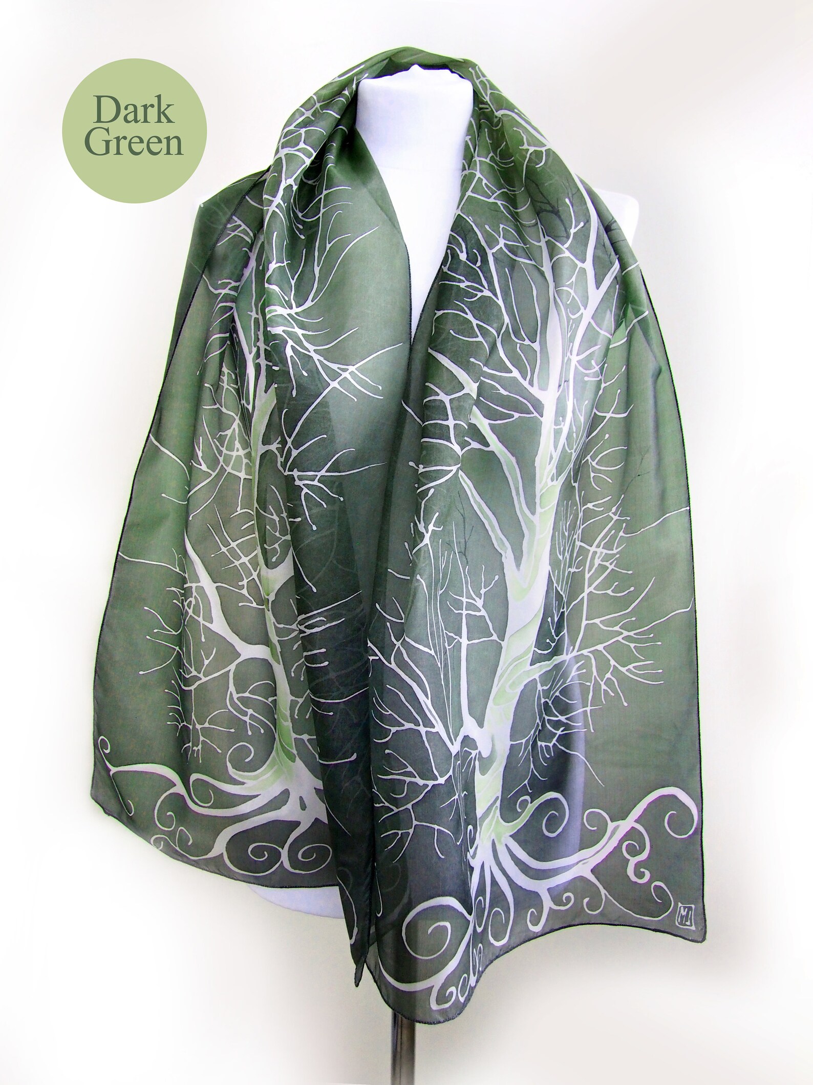 Long Silk Scarves White Tree in Green Scarf Hand Painted Hand - Etsy