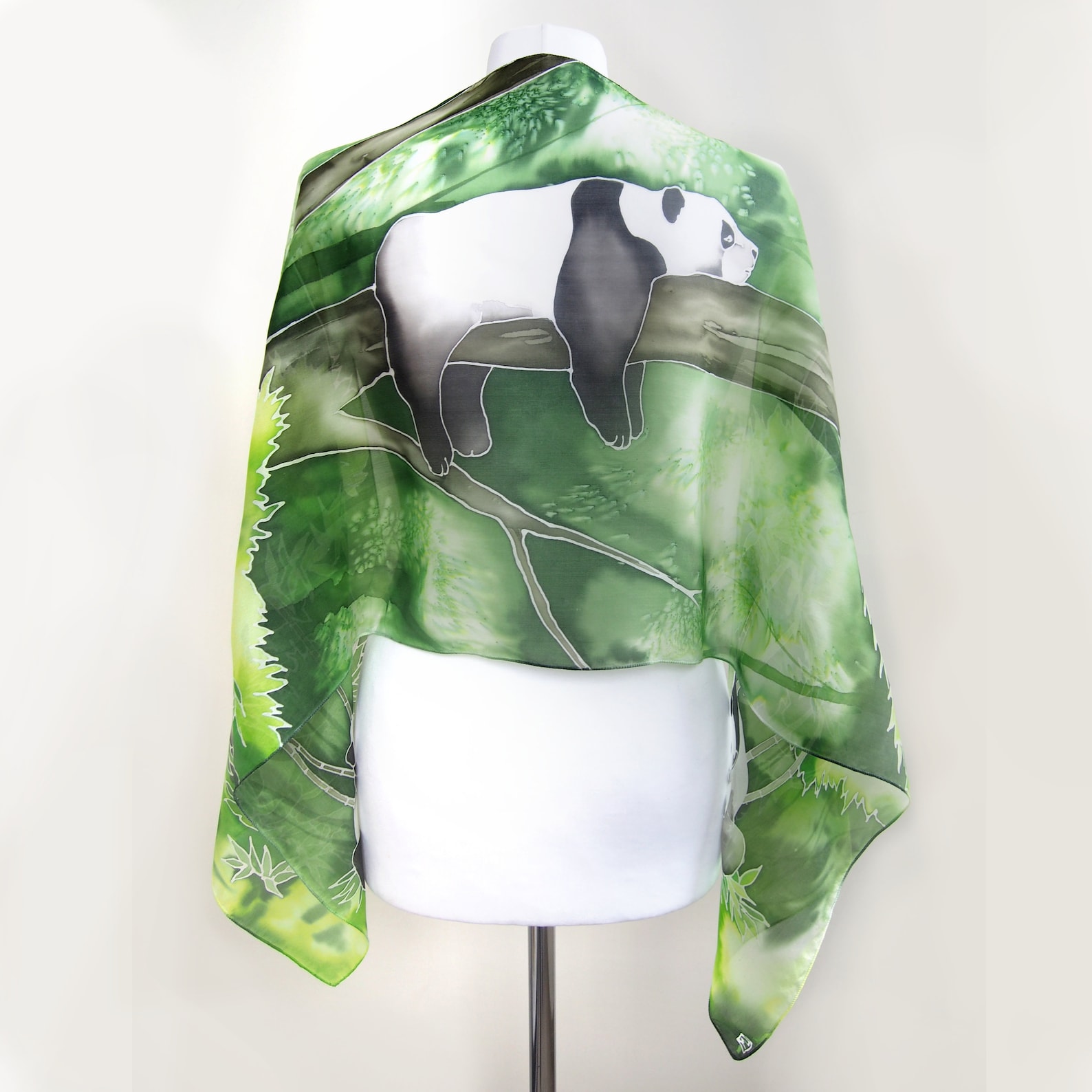 Panda Silk Scarf Green Silk Scarves Hand Painted With Black | Etsy