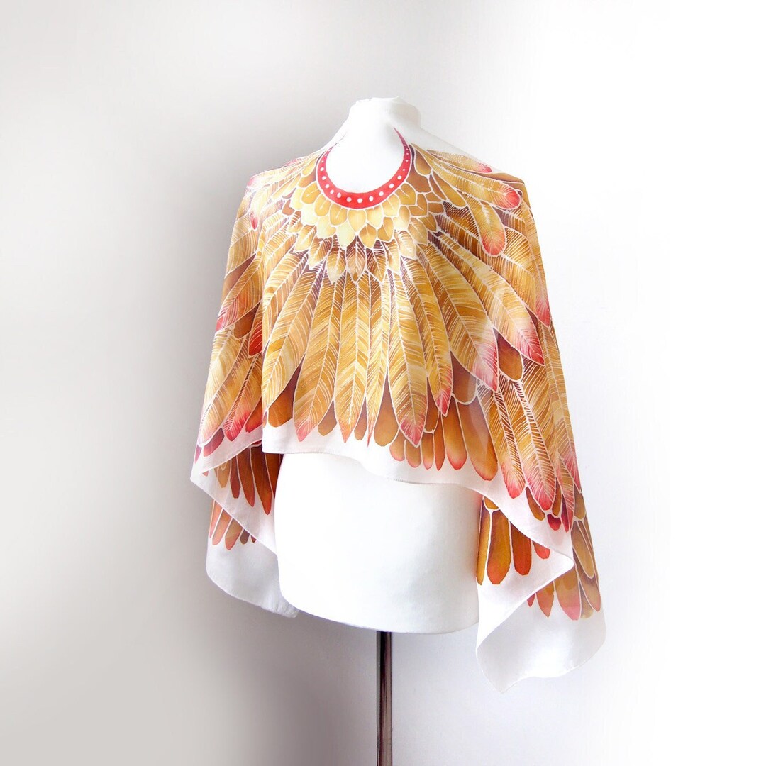 Gold Wings Scarf, Big Silk Scarves Hand Painted Feathers, Festival ...
