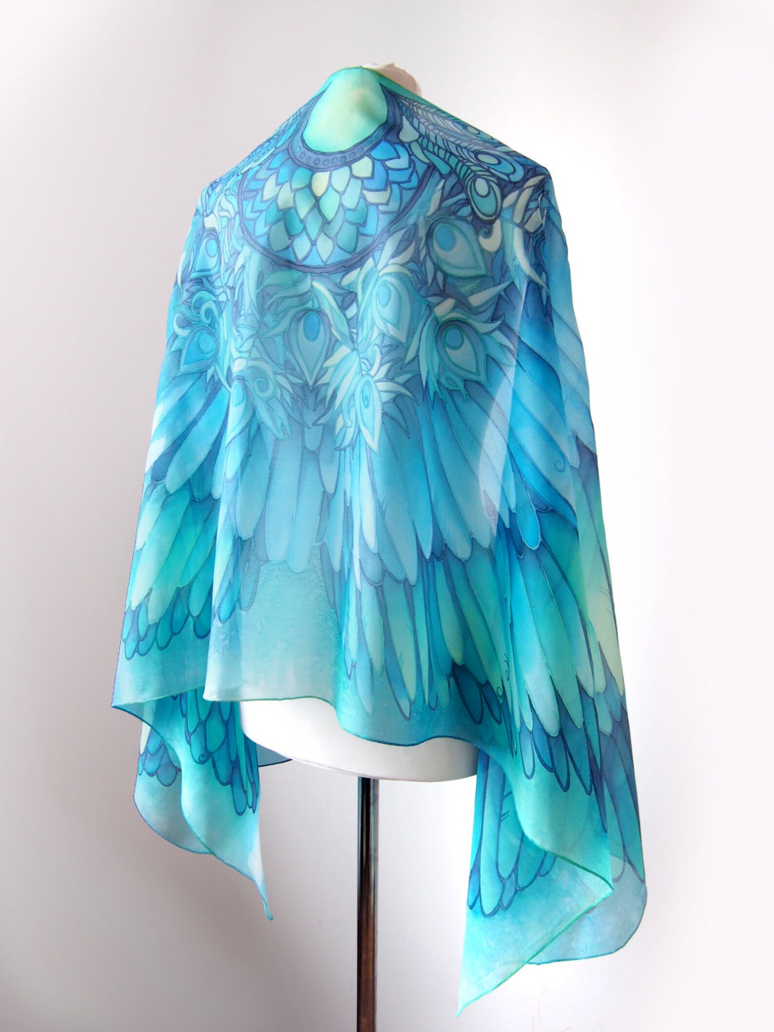 Ocean Blue Wings Scarf - Turquoise Silk Scarves With Feathers, Bird Art ...