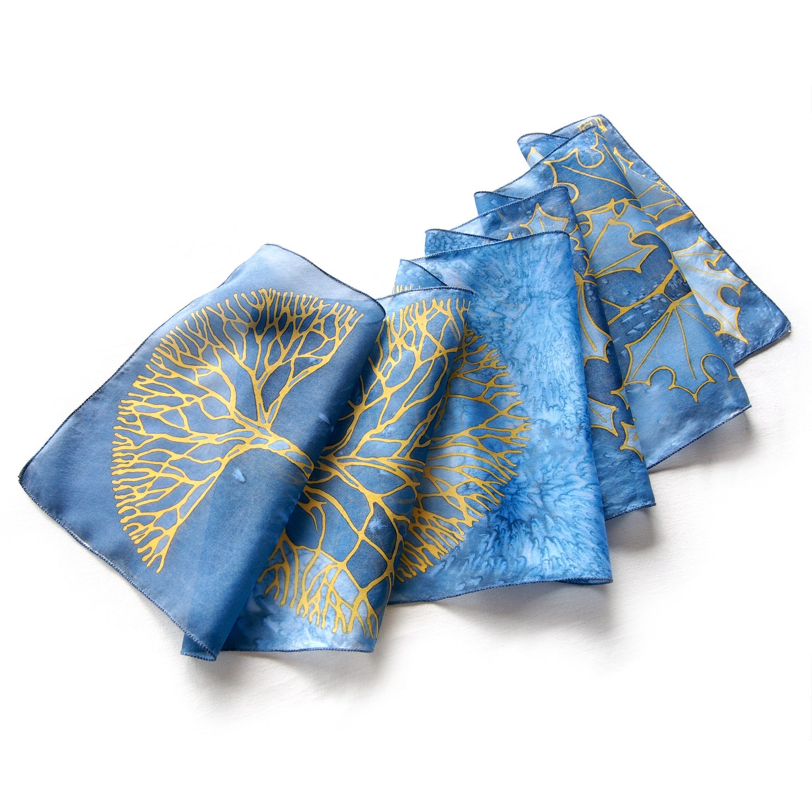 Blue Silk Scarf Hand Painted With Gold Slim Silk Scarves With - Etsy