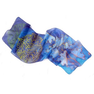 Blue Silk Scarf, Tree of Life Scarves, Hand Painted Silky Wrap, White ...
