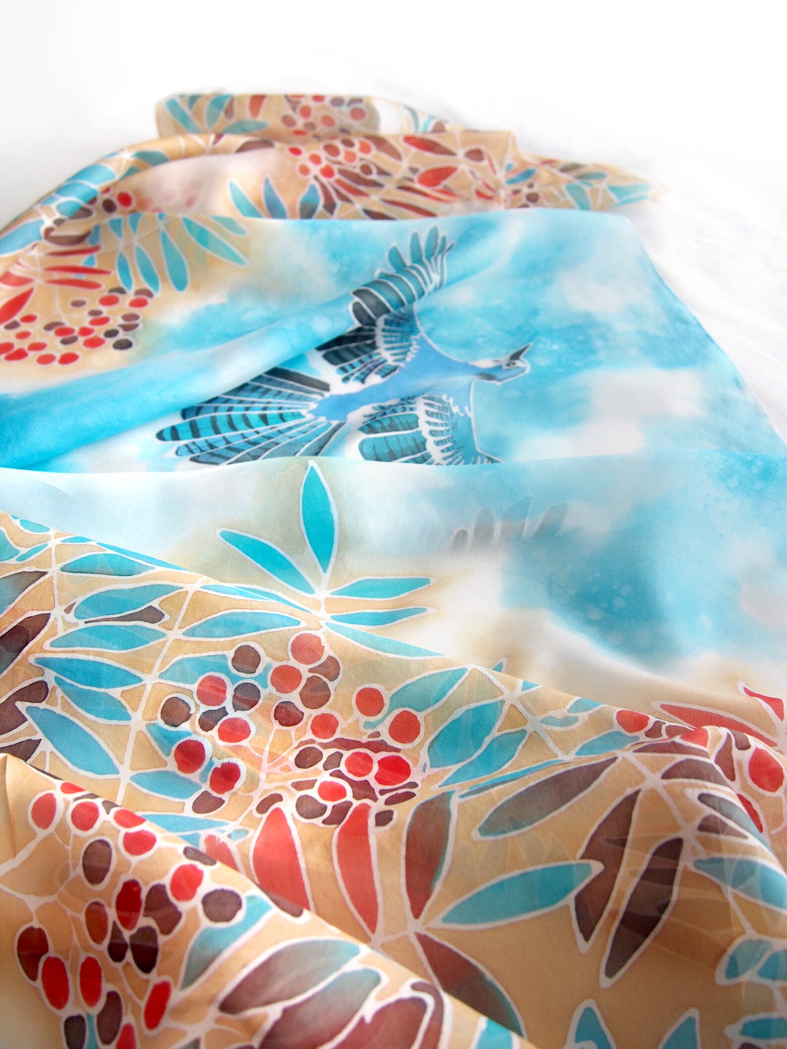Blue Jay Scarf Hand Painted Silk Scarf Turquoise Brown and - Etsy