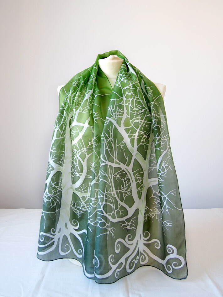 Long Silk Scarves White Tree in Green Scarf Hand Painted Hand Made ...