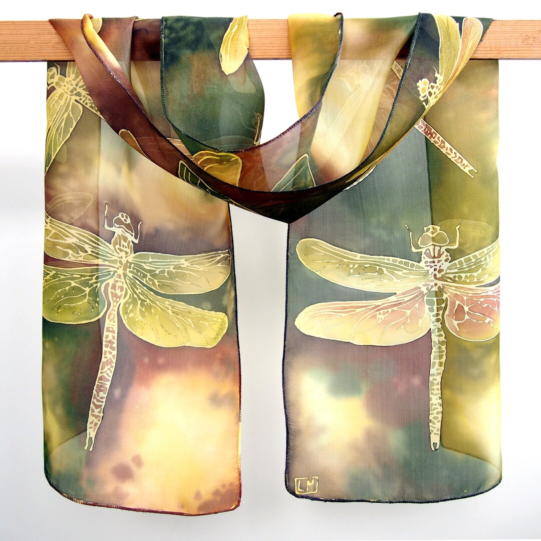 Hand Painted Dragonfly Silk Scarf – Tropical Green Neck Scarf, Insect ...