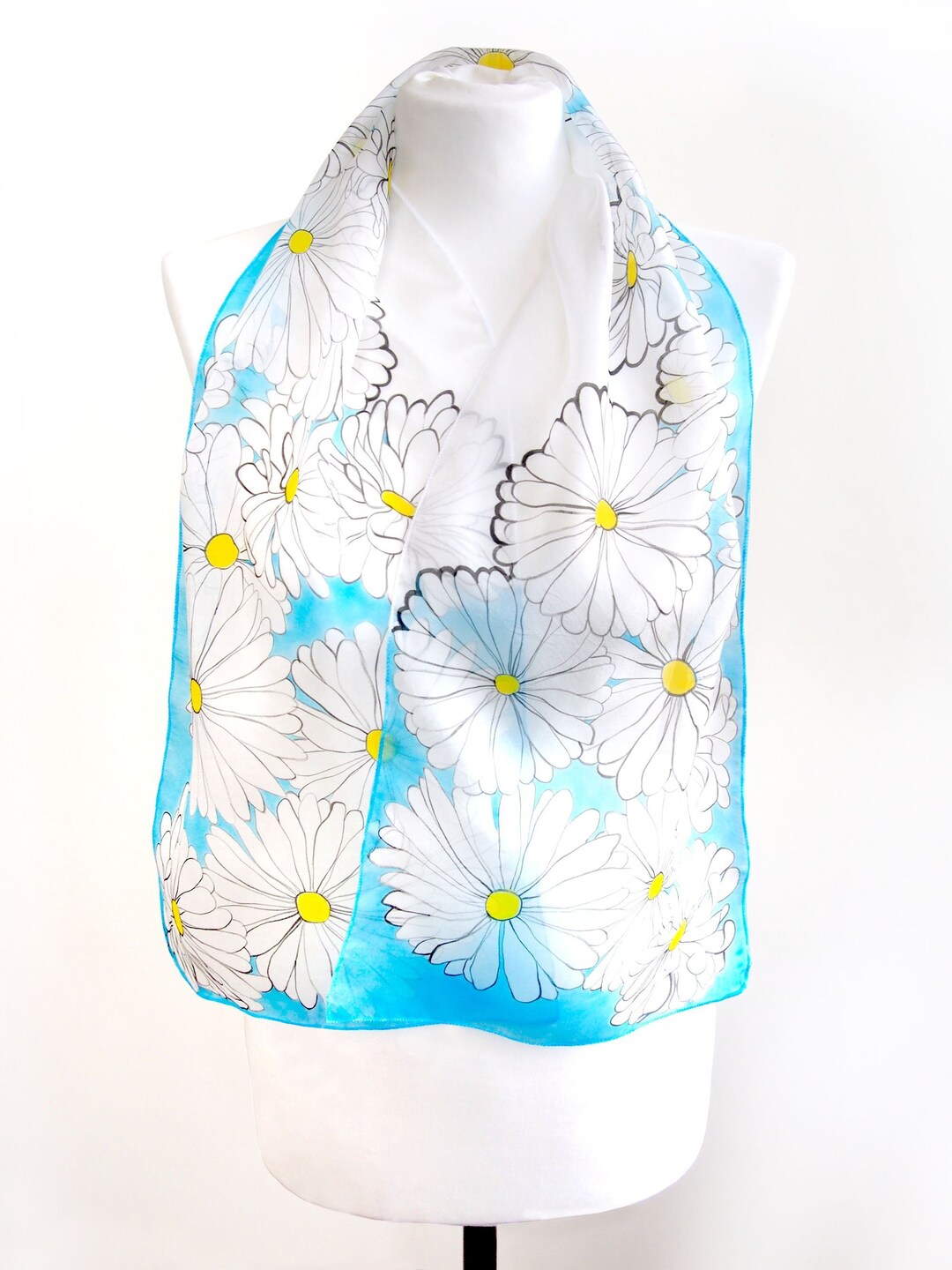 Daisy Silk Scarf Hand Painted on Pure Silk Slim Scarves in White and ...