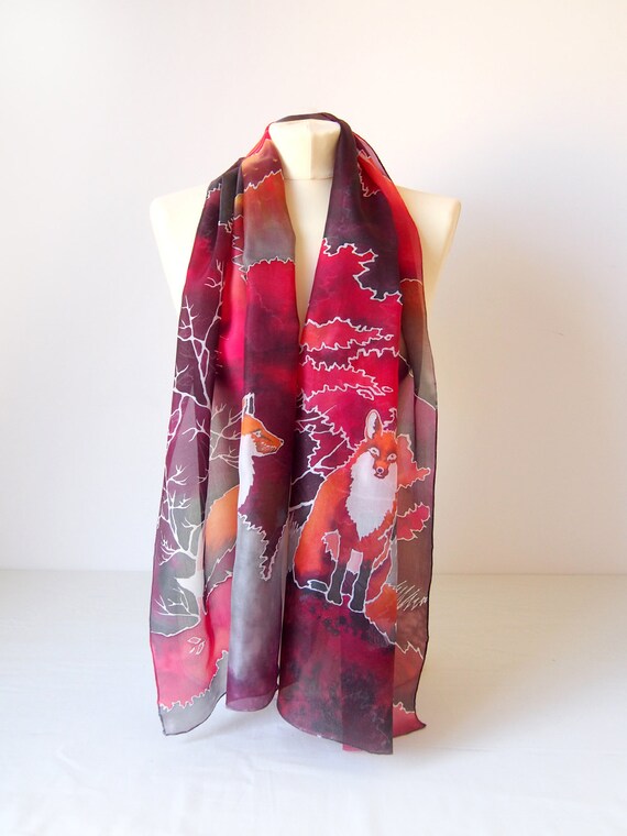 Silk scarf FOX hand painted scarves red scarf japan | Etsy