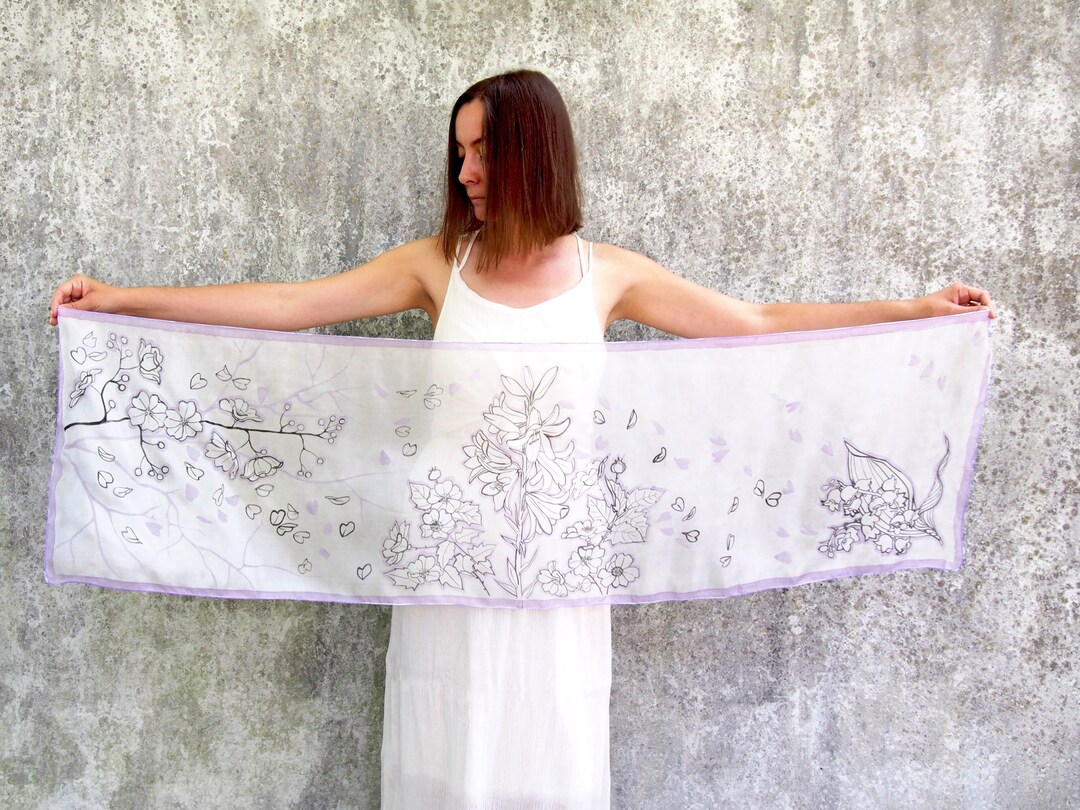 White Silk Scarf With Spring Flowers: Lilies, Wild Roses, Lily of the ...