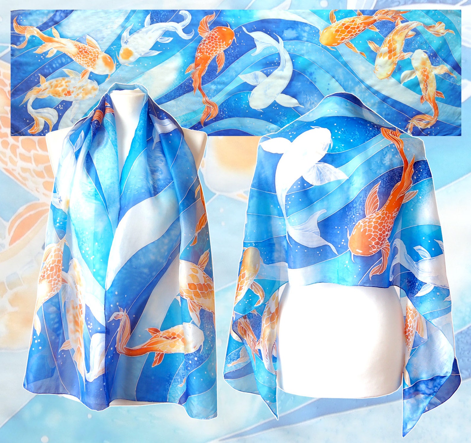 Blue Silk Scarf With Fish Hand Painted Koi Fish Lucky Charm - Etsy