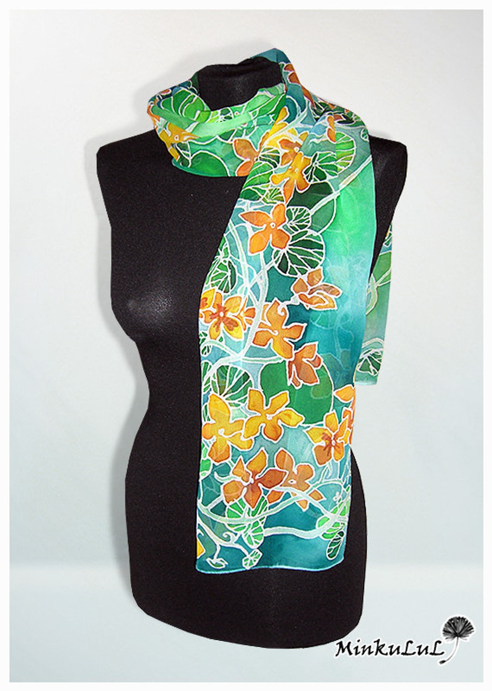 Long Silk Scarf Green Scarves Hand Painted With Nasturtium - Etsy