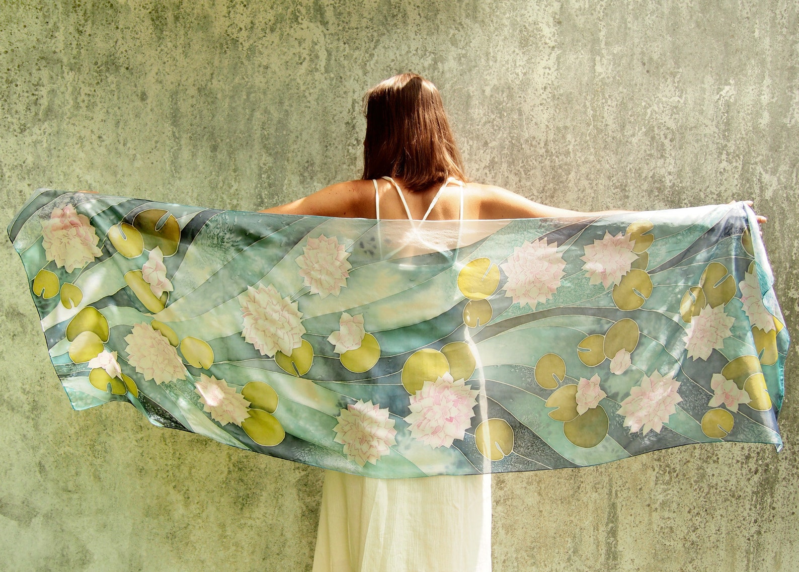 Pareo Hand Painted Scarf With Waterlilies Oversized Scarves | Etsy