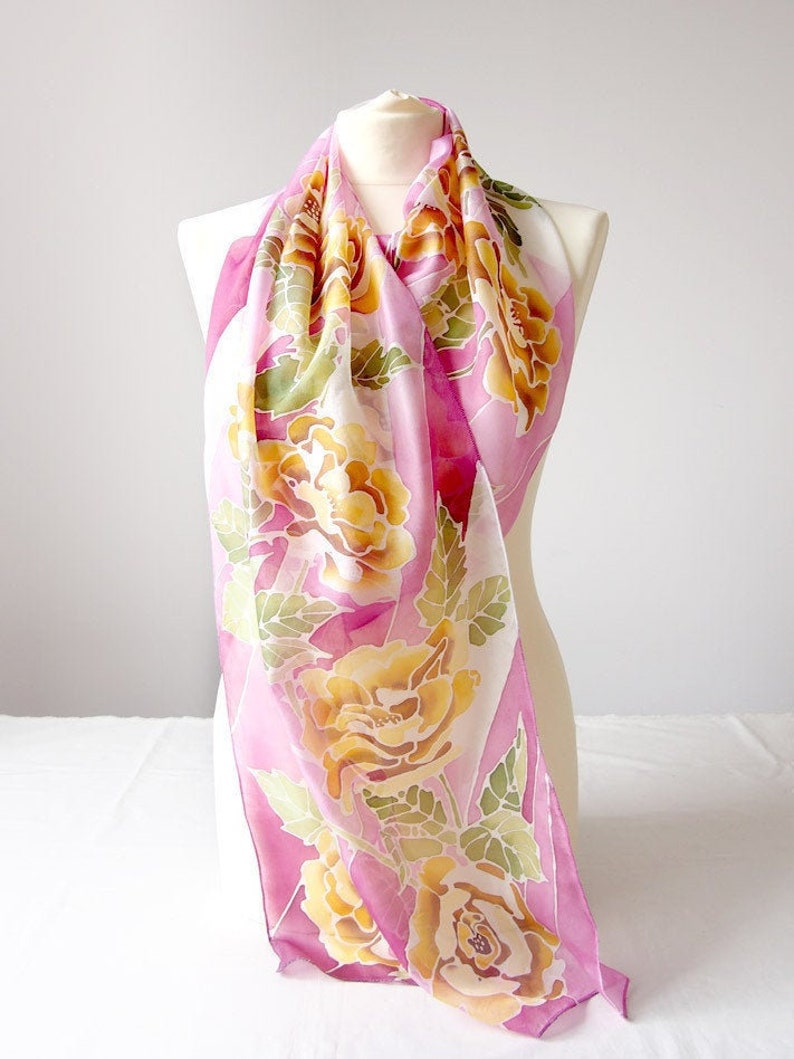 Romantic Rose Scarf Hand Painted on Lightweight Silk in Gold - Etsy