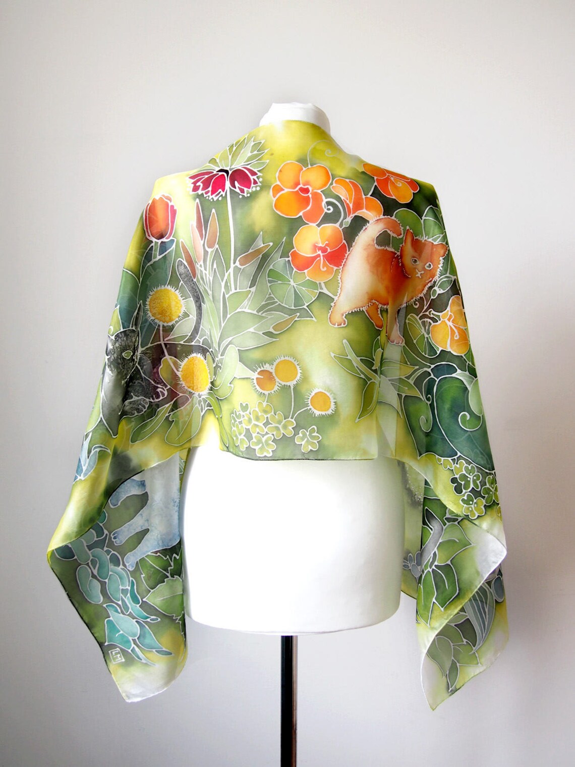 Cats Scarf Hand Painted on Silk With Animals and Flowers. | Etsy