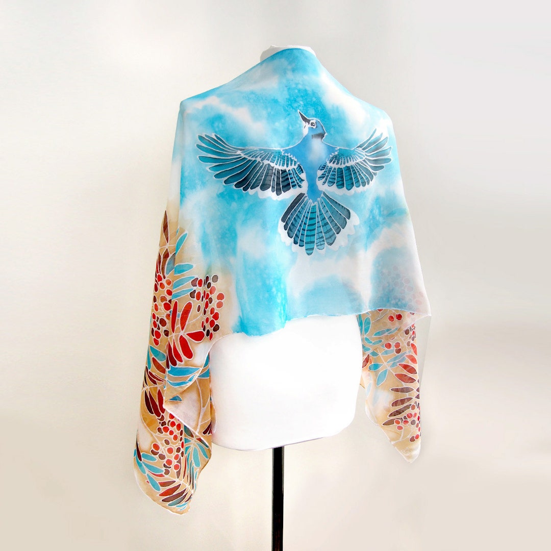 Blue Jay Scarf Hand Painted Silk Scarf Turquoise Brown and - Etsy