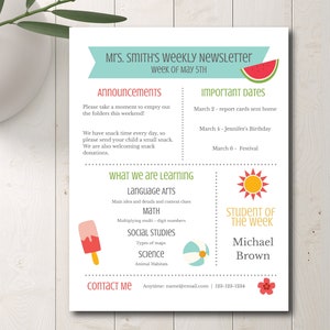 Editable Weekly Teacher Newsletter Template, Summer Theme Newsletter ...