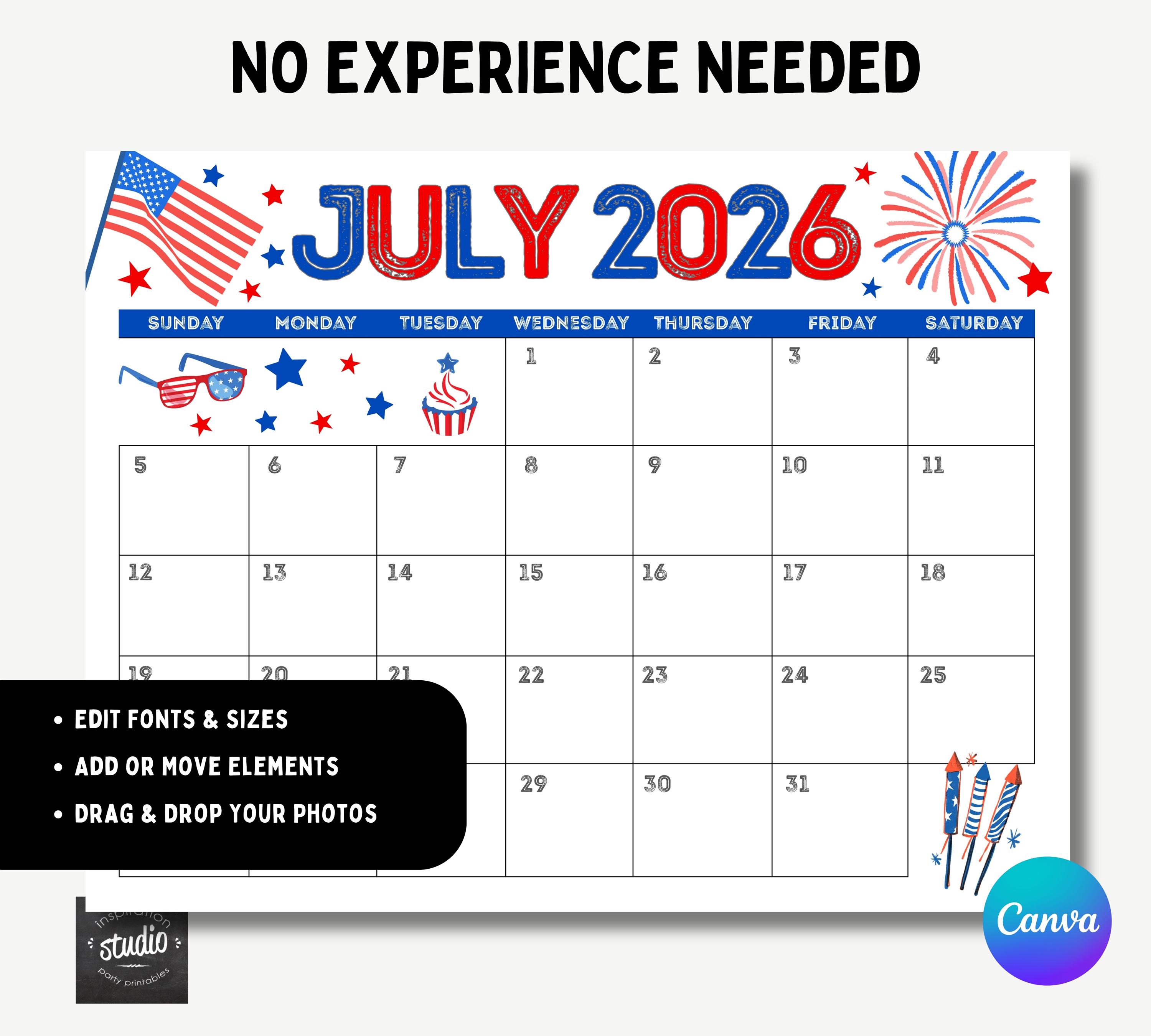 July 2026 Calendar | Editable Canva Template Fourth of July Patriotic ...