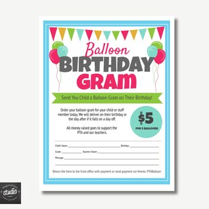 Editable Birthday Balloon Gram Flyer School, PTA, PTO Fundraiser Flyer ...