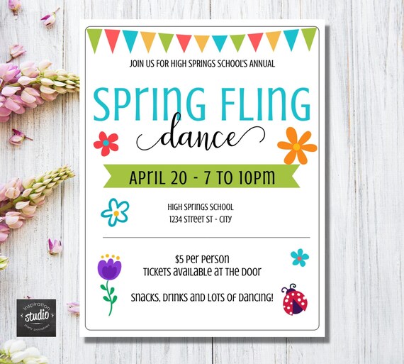 Spring Fling Dance Flyer Template, School Dance, Church Dance, PTA ...