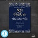80 Años De, Spanish, 80th Birthday Invitation, Blue and Gold Glitter ...