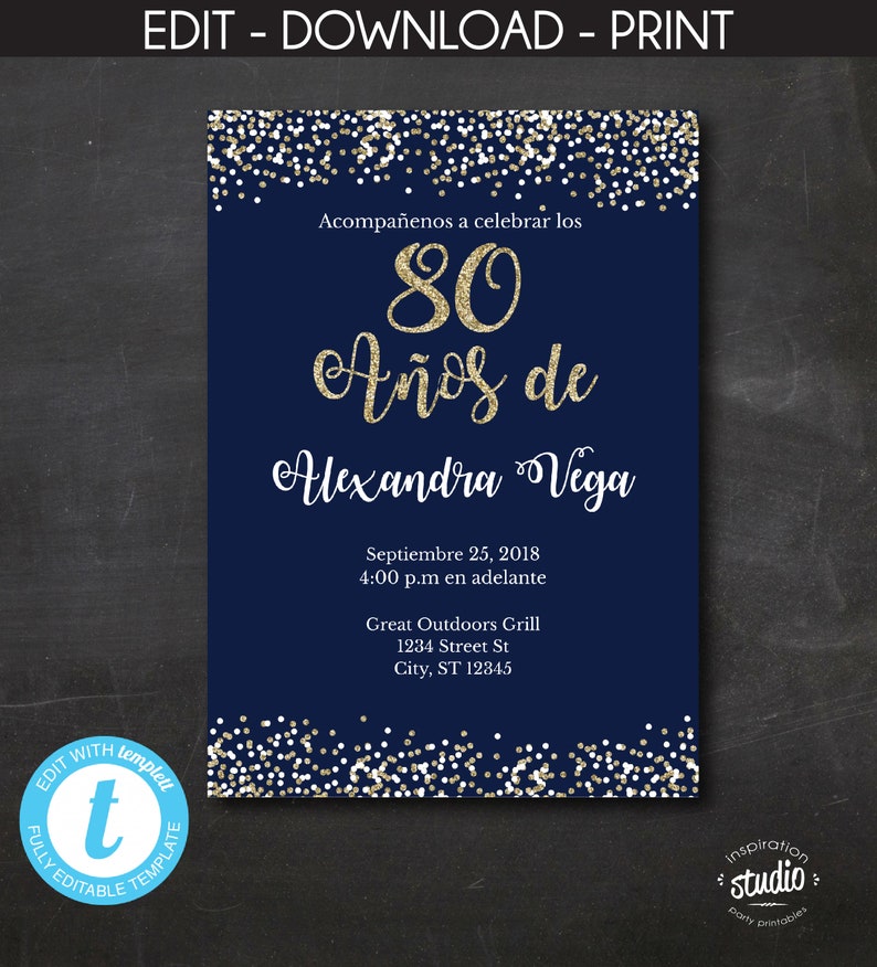 80 Años De Spanish 80th Birthday Invitation Blue and Gold - Etsy