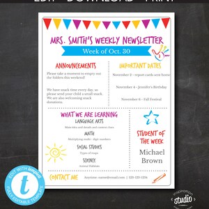 Editable Weekly Teacher Newsletter Template | Notes to Parents Template ...