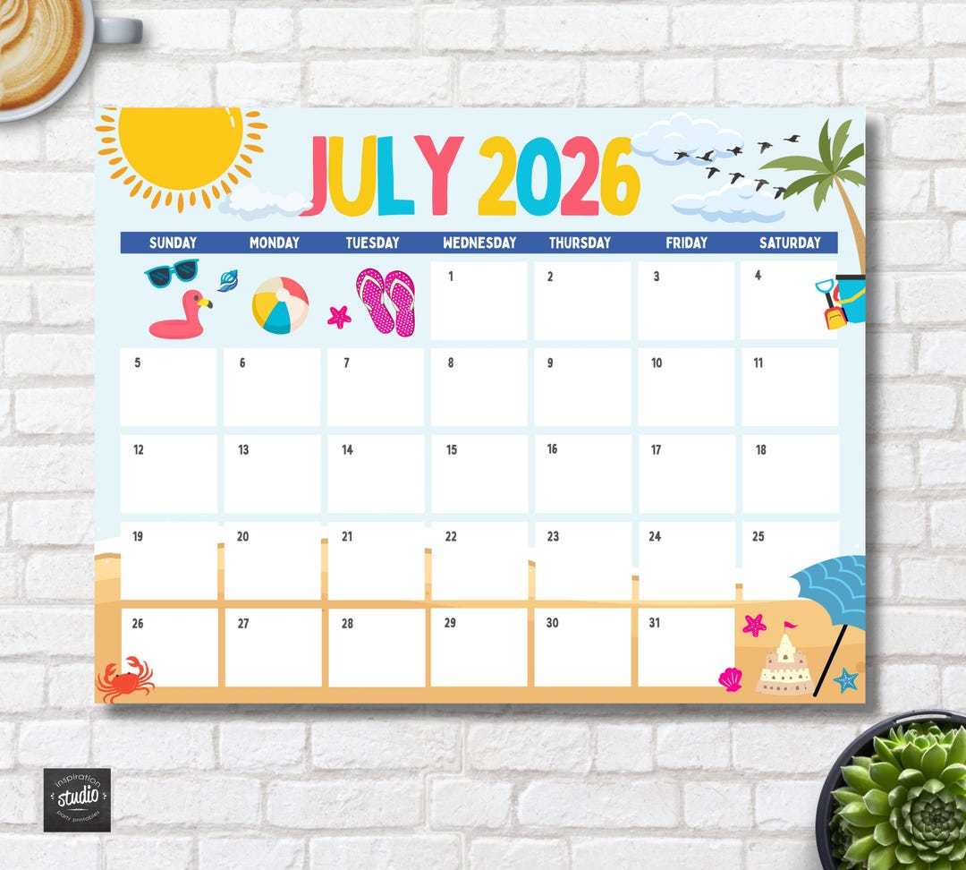 July 2026 Beach Theme Calendar | Editable Canva Template Monthly ...