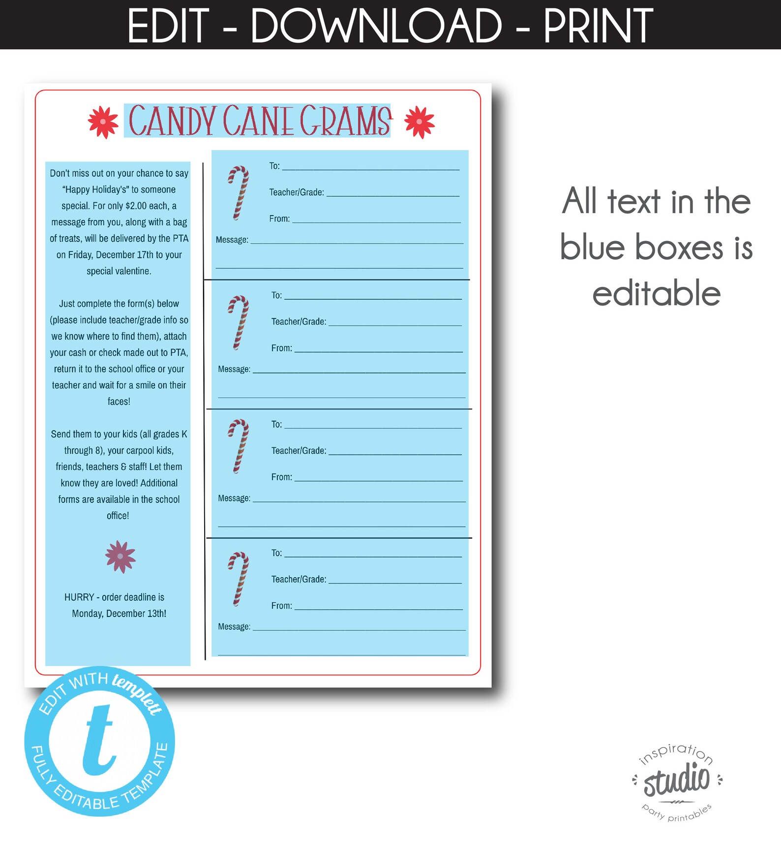 Candy Cane Gram Flyer Template Christmas Candy Grams | Etsy