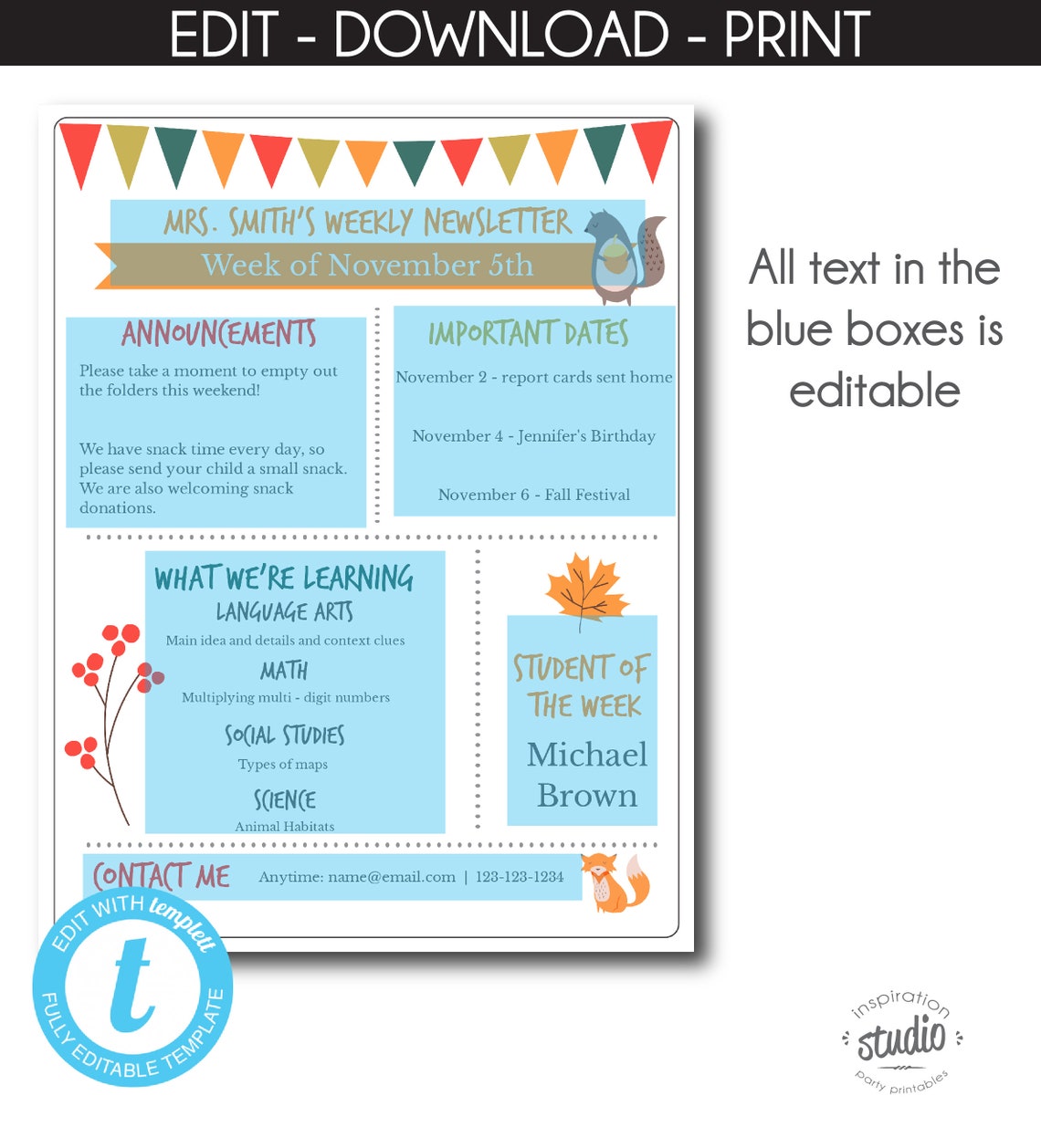 Editable Fall Weekly Teacher Newsletter Template Notes to - Etsy