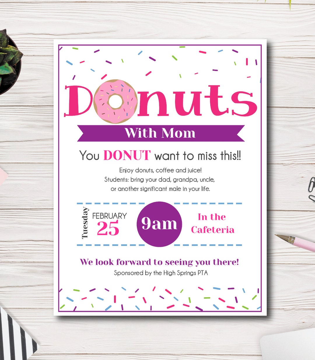 Donuts With Dad Flyer Template | Donuts With Mom Flyer | PTA, PTO ...
