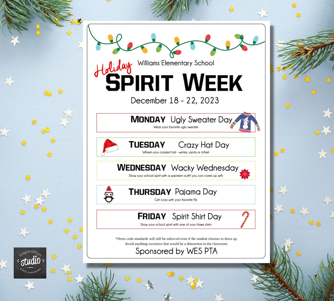 Holiday School Spirit Week Flyer Template, Christmas Spirit Week ...
