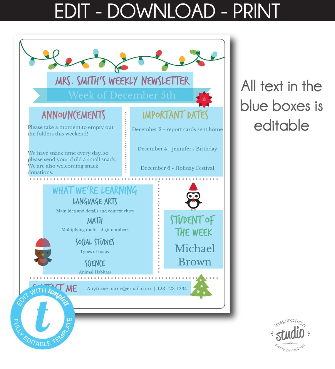 Winter Holiday Weekly Teacher Newsletter Template, Notes to Parents ...