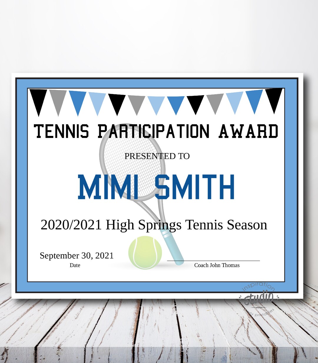 Customizable Tennis Participation Award Certificates Template Editable ...