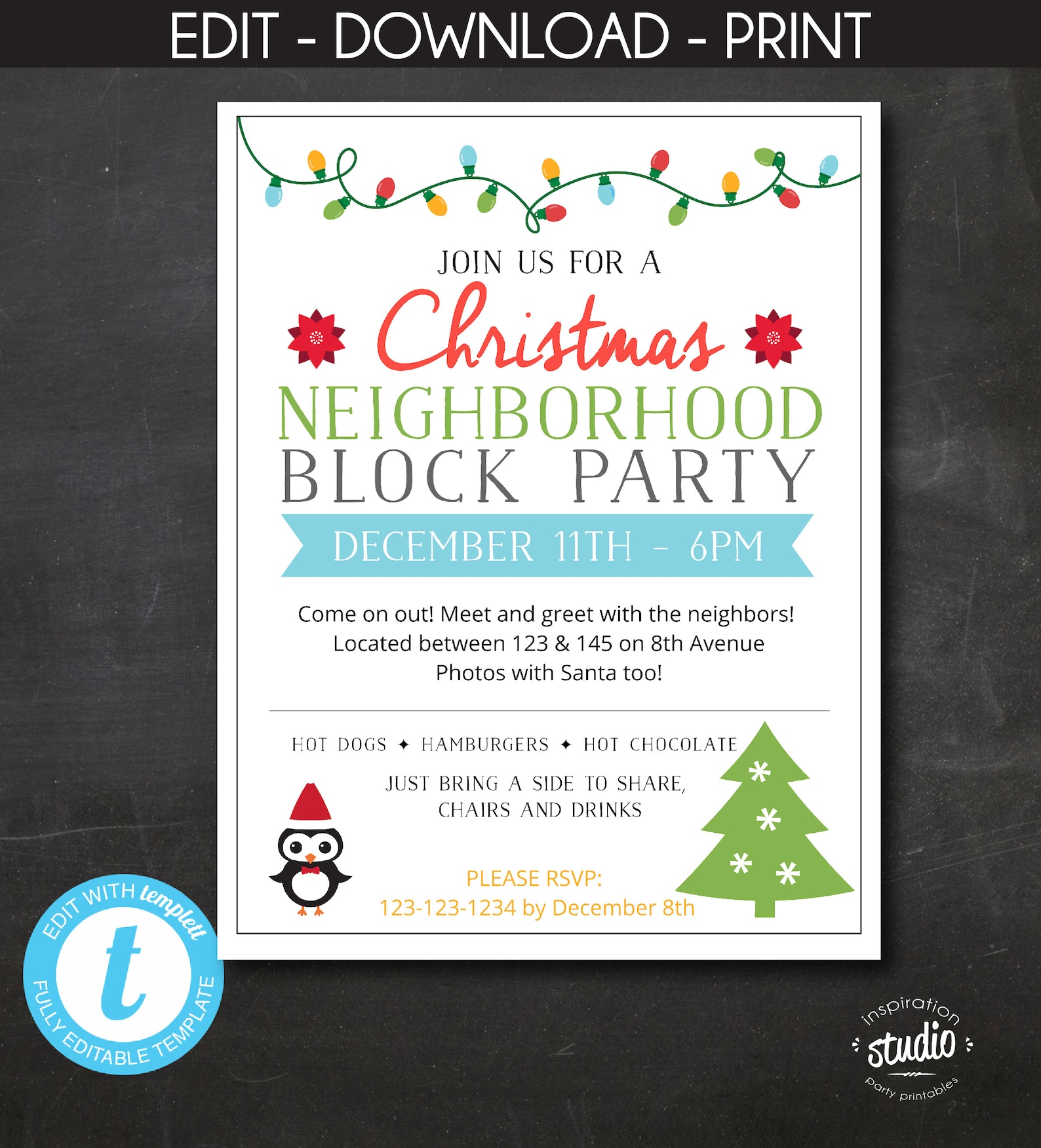 Christmas Neighborhood Block Party Flyer Template Backyard - Etsy