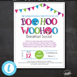 Boohoo, Woohoo School Flyer Template, First Day of School Breakfast ...