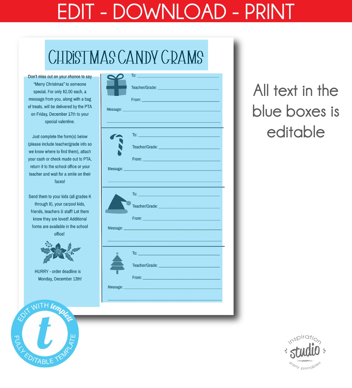 Christmas Candy Gram Flyer Template for Schools Church - Etsy