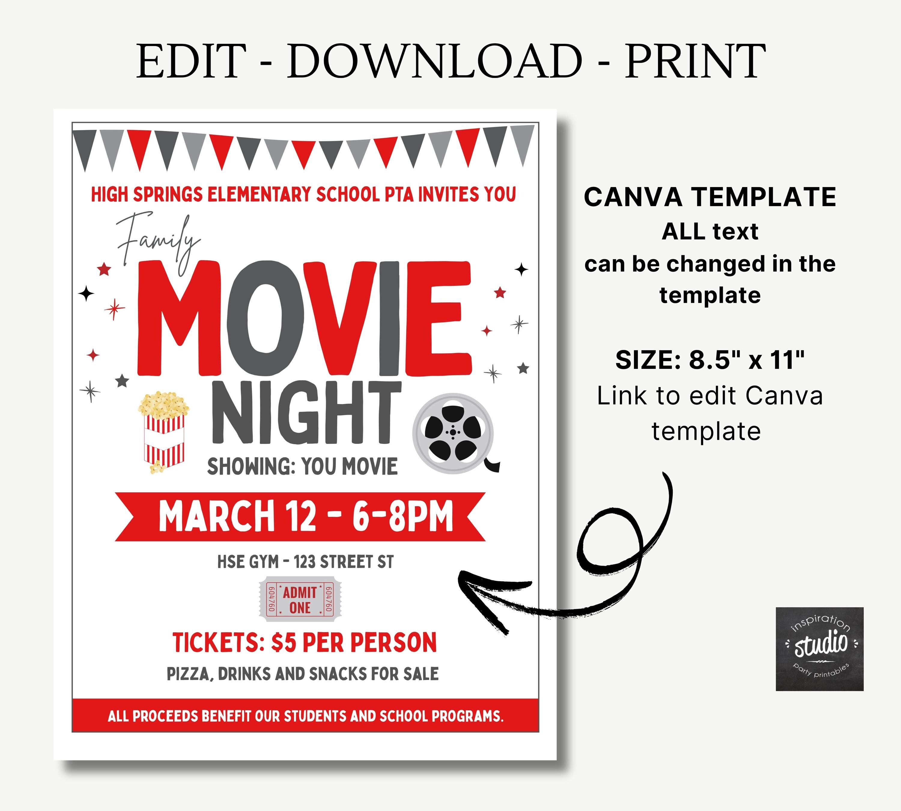 Family Movie Night Flyer Template | Editable PTA PTO Fundraiser Flyer ...