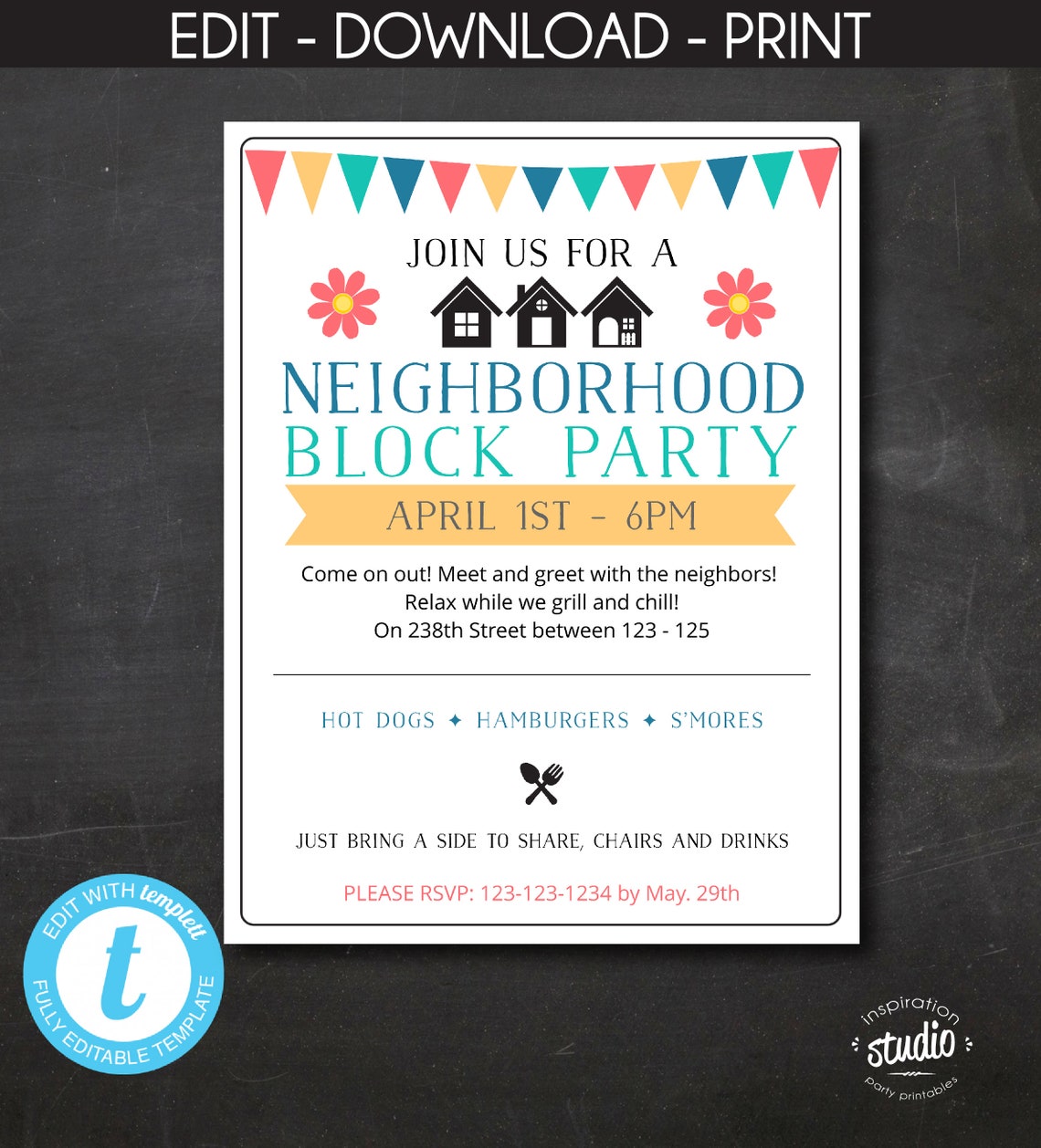 Neighborhood Block Party Flyer Template | Spring Backyard Party Invite ...
