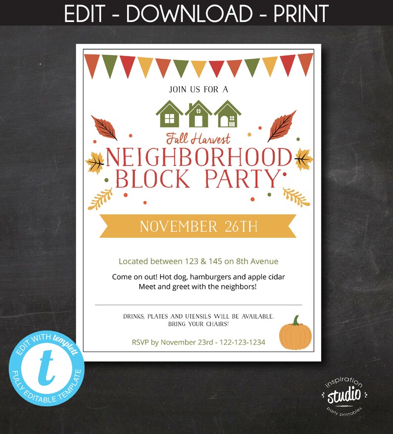 Fall Neighborhood Block Party Flyer Template Fall Backyard - Etsy