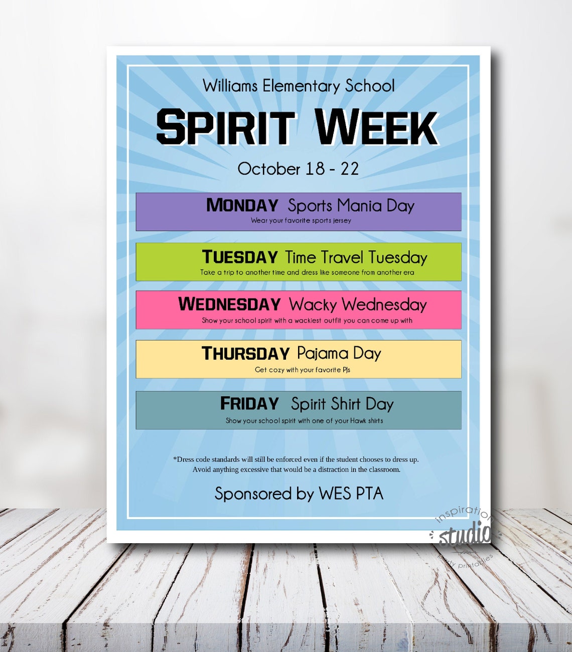 School Spirit Week Flyer Template, School Spirit Week Schedule, PTA ...