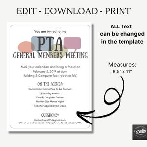 Editable Meeting Flyer Canva Template | Edit Yourself, PTA, PTSA, PTO ...
