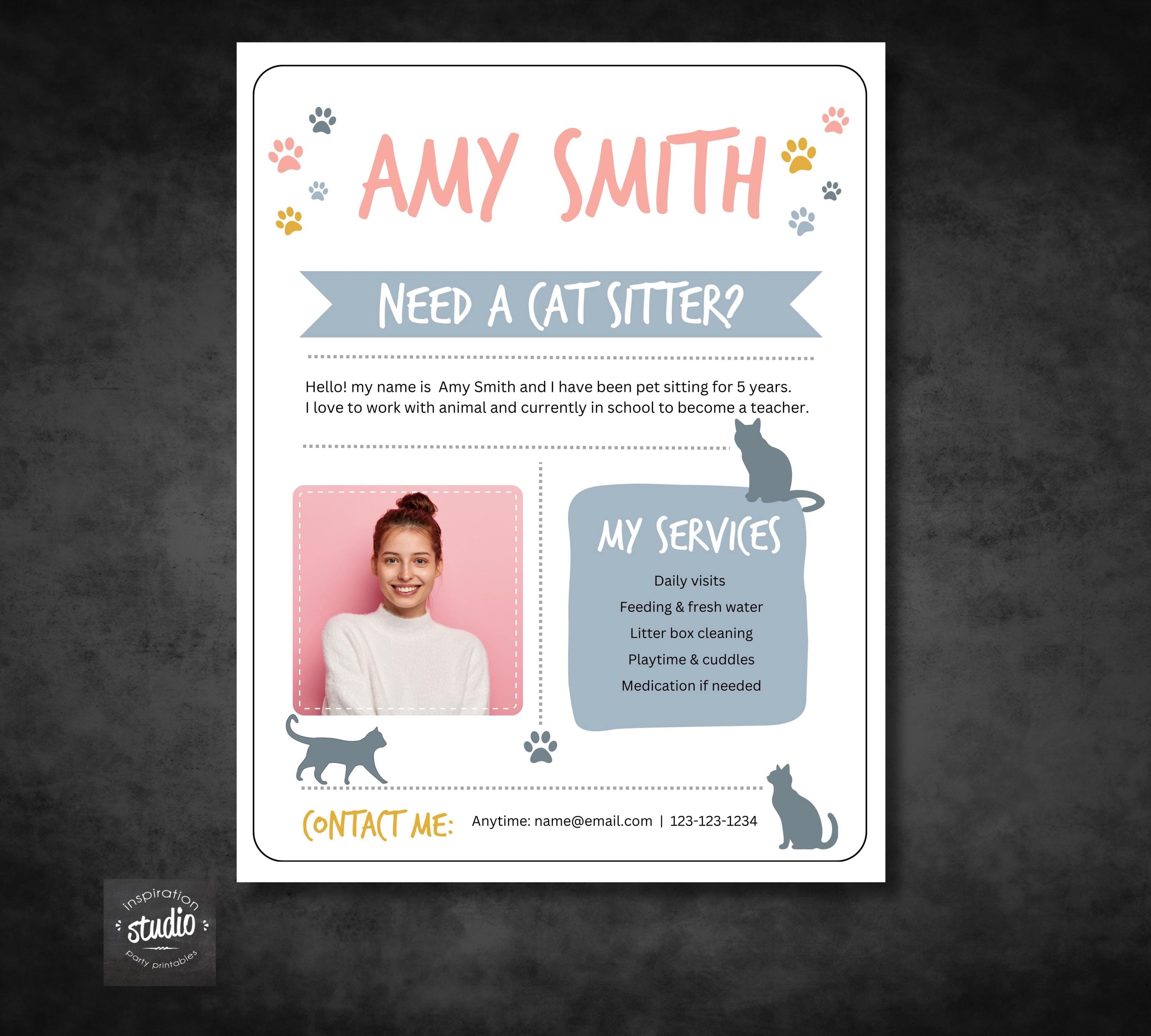 Editable Cat Sitter Flyer Canva Template | Cat Sitting Services ...