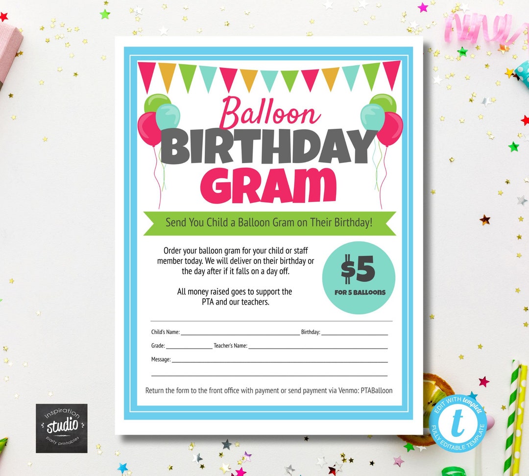Editable Birthday Balloon Gram Flyer School, PTA, PTO Fundraiser Flyer ...
