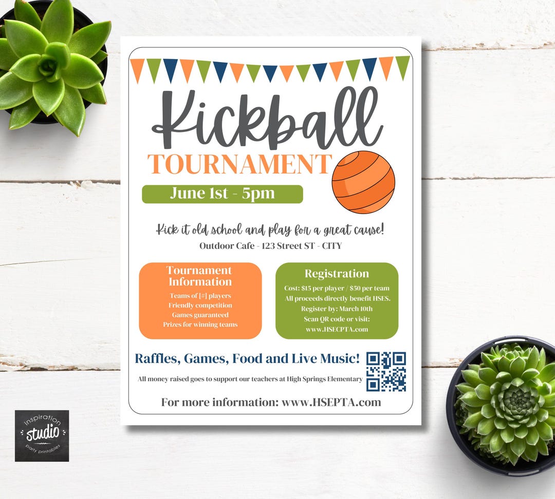 Kickball Tournament Fundraiser Flyer | School PTO PTA Kickball Event ...