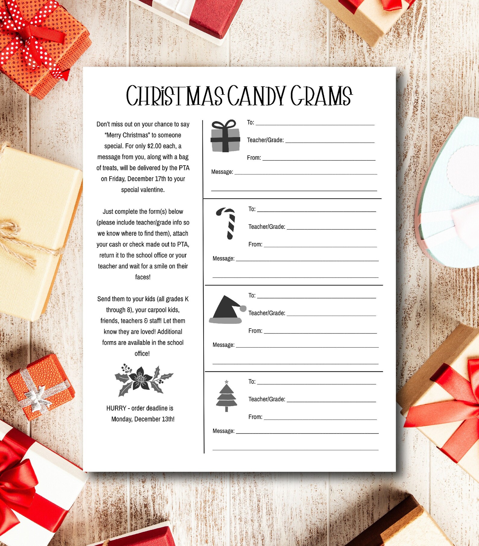Christmas Candy Gram Flyer Template for Schools Church - Etsy