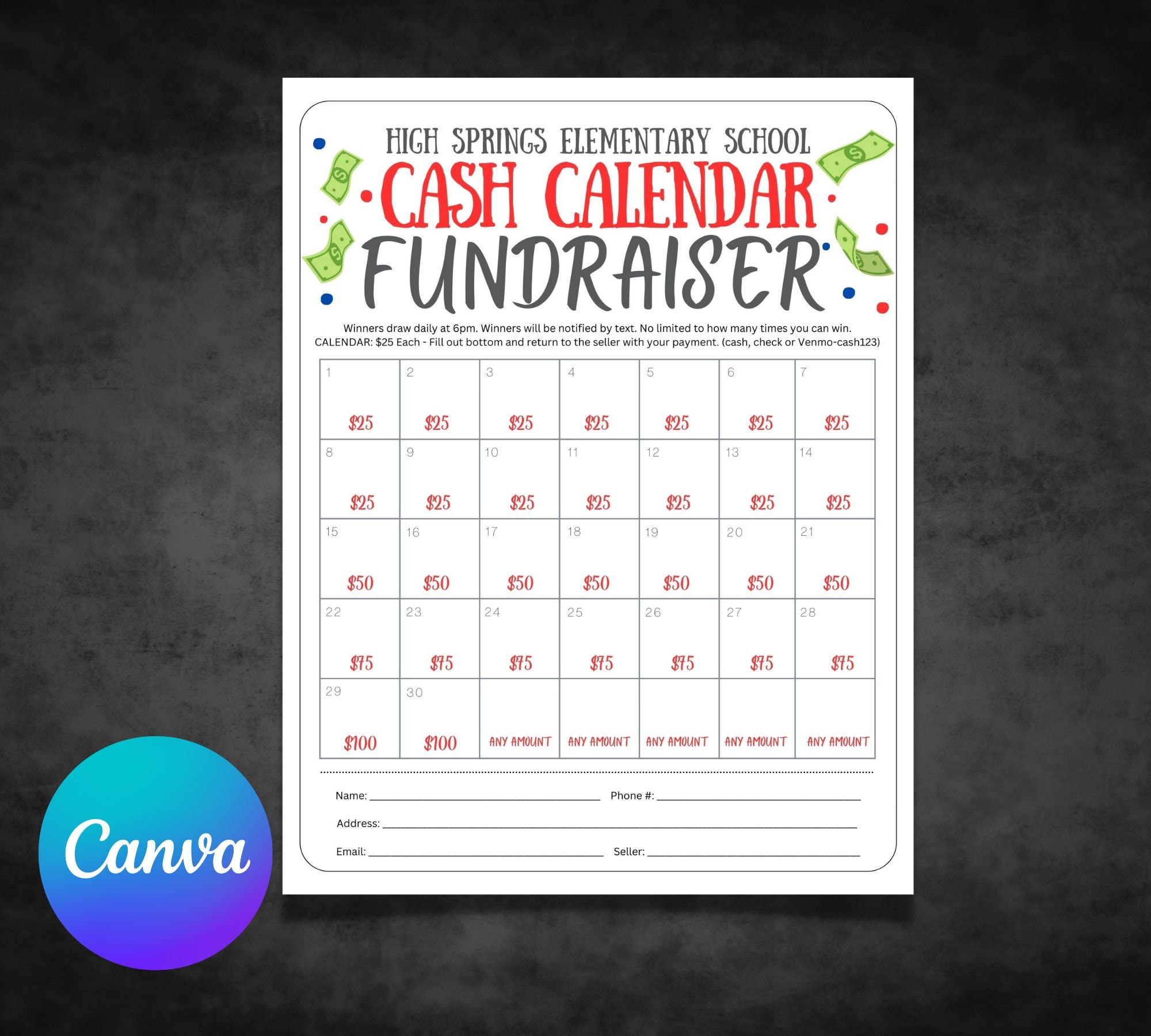 Cash Calendar Fundraiser Flyer Template, School, PTA, PTO, Community ...