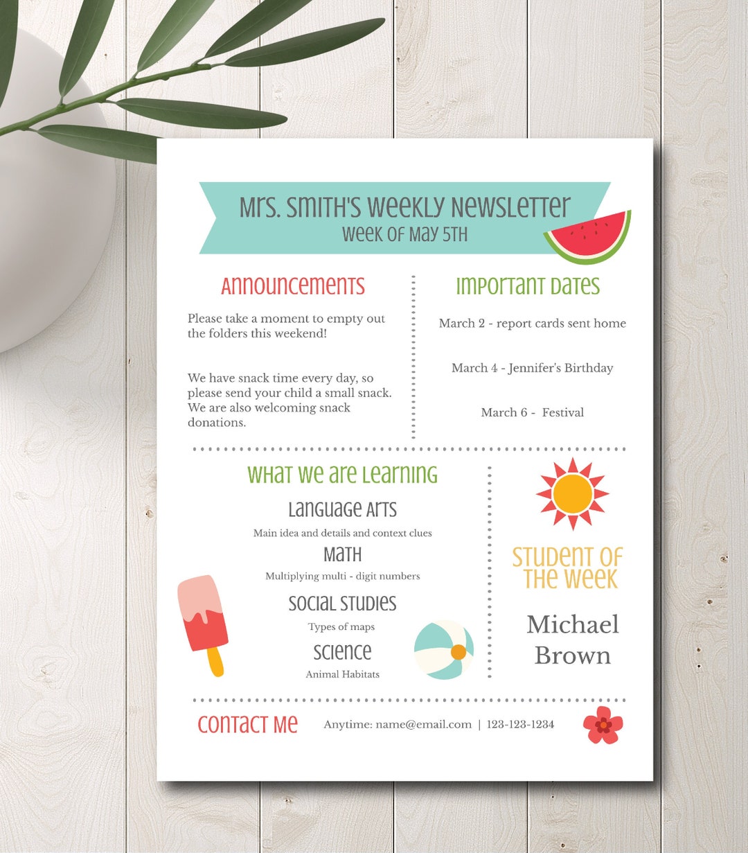 Editable Weekly Teacher Newsletter Template, Summer Theme Newsletter ...